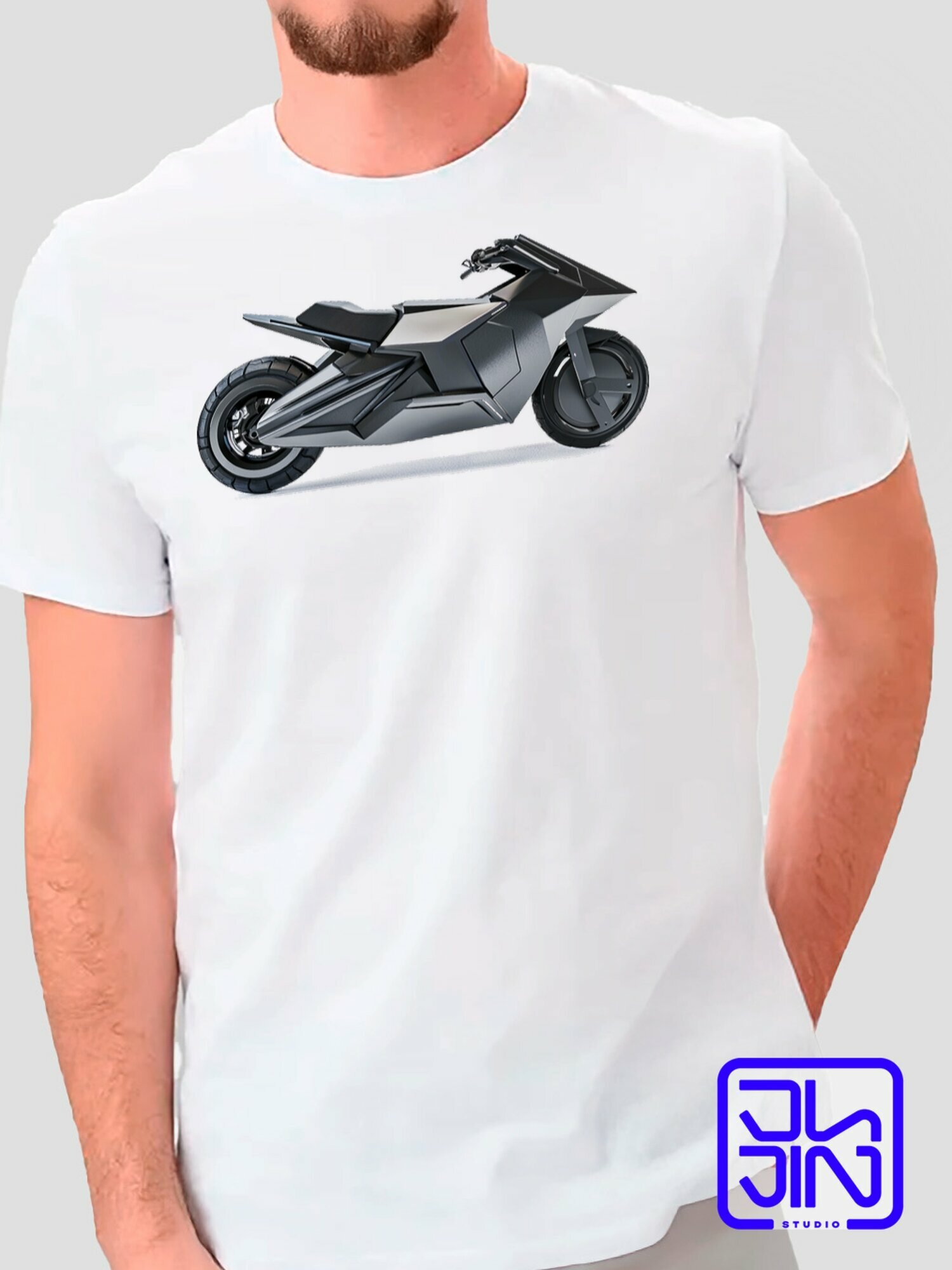 Футболка классическая мужская с авторским принтом Черно белая геометрическая композиция с мотоциклом в стиле киберпанк экстрим, белый хлопковый трикотаж с прикольным рисунком на груди