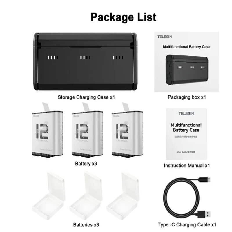 Аккумулятор TELESIN Endurence для GoPro Hero 12, 11, 10, 9 1720 мАч 1 C and 3 B