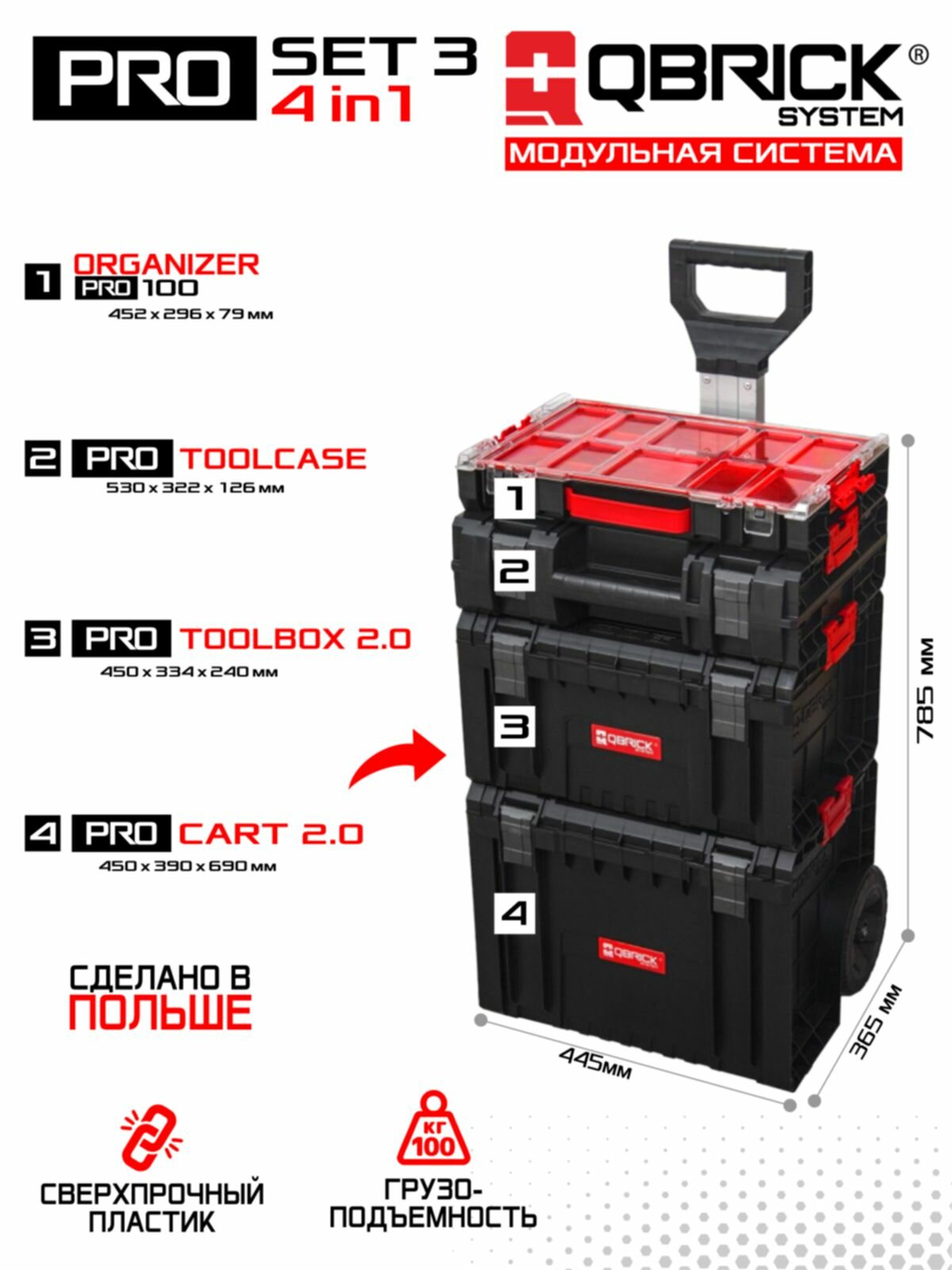 Набор ящиков для инструментов QBRICK SYSTEM Pro Set 3 комплект на колесах