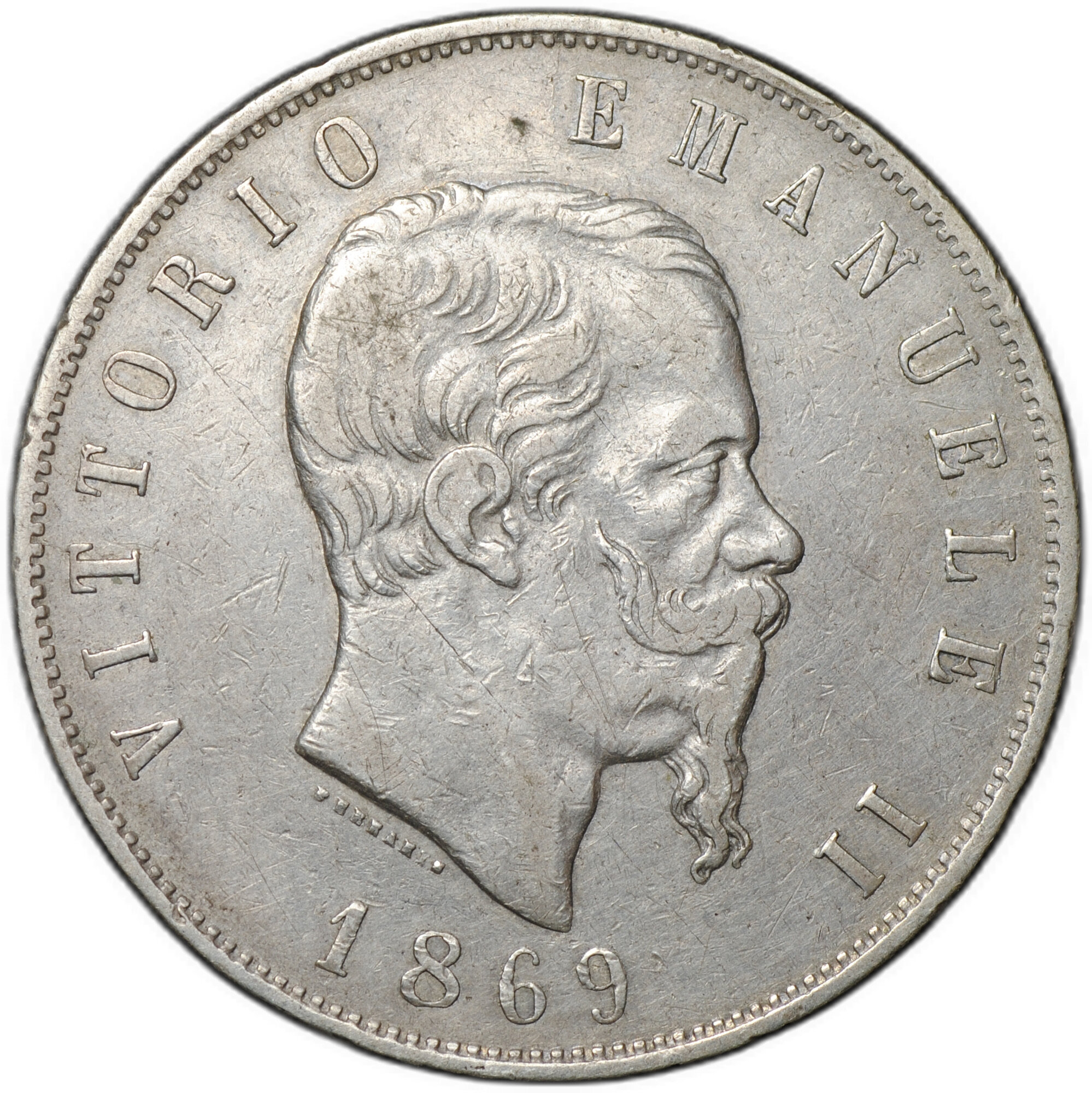 Монета 5 лир 1869 М Италия