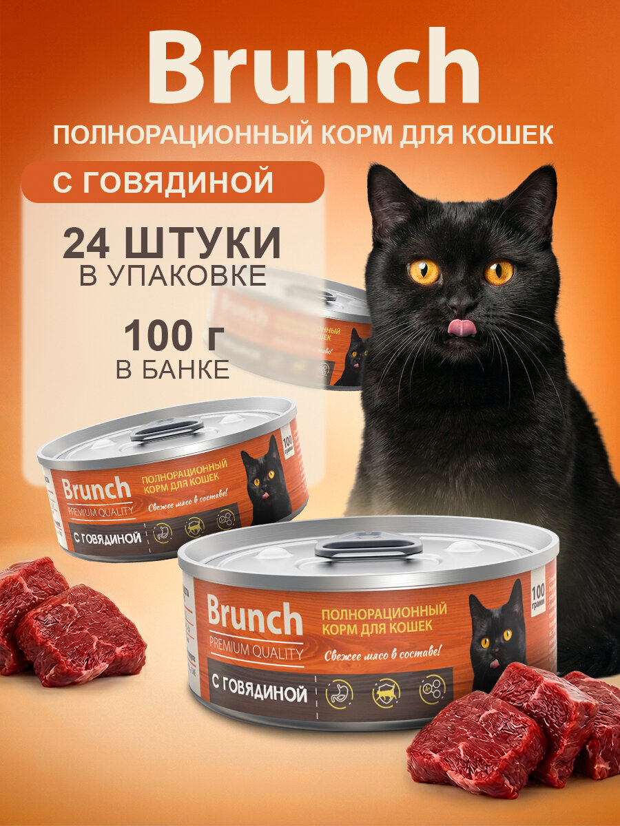 Корм для кошек влажный полнорационный Brunch c говядиной, 100г х 24 шт.