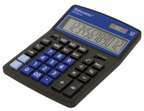 Калькулятор настольный Brauberg EXTRA-12-BKBU (206x155 мм), 12 разрядов, двойное питание, черно-синий, 250472