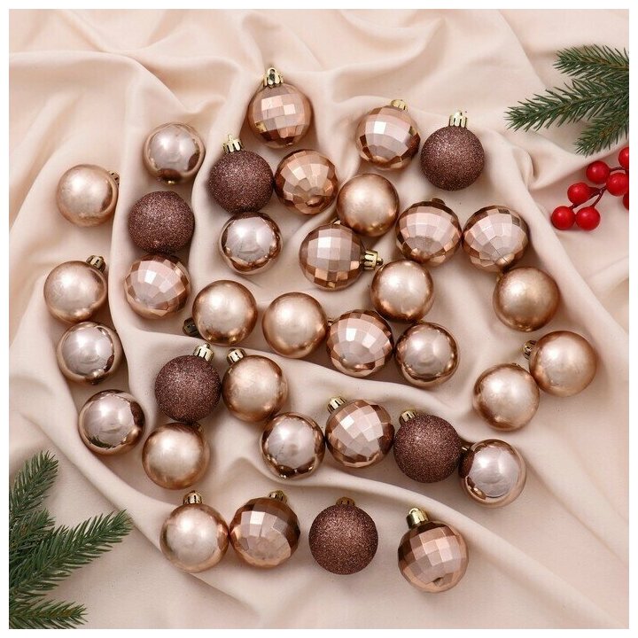 Ёлочные игрушки, шары новогодние , пластик, набор d-4 см, 36 шт "Диско ассорти" коричневый
