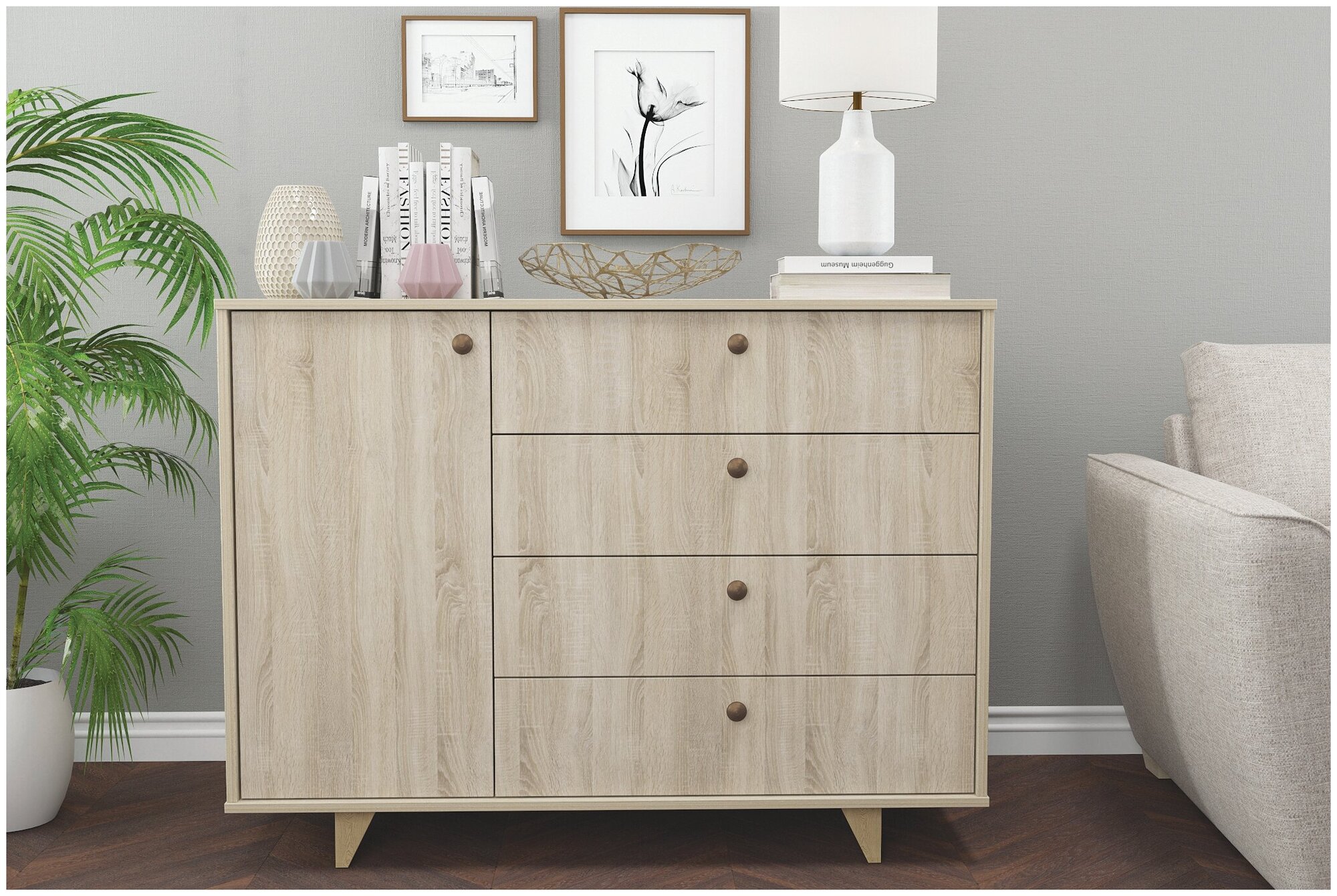 Комод "Легенда" 4 ящика, + 1 дверь ШхГхВ: 120х45x90 см, цвет: Дуб Сонома