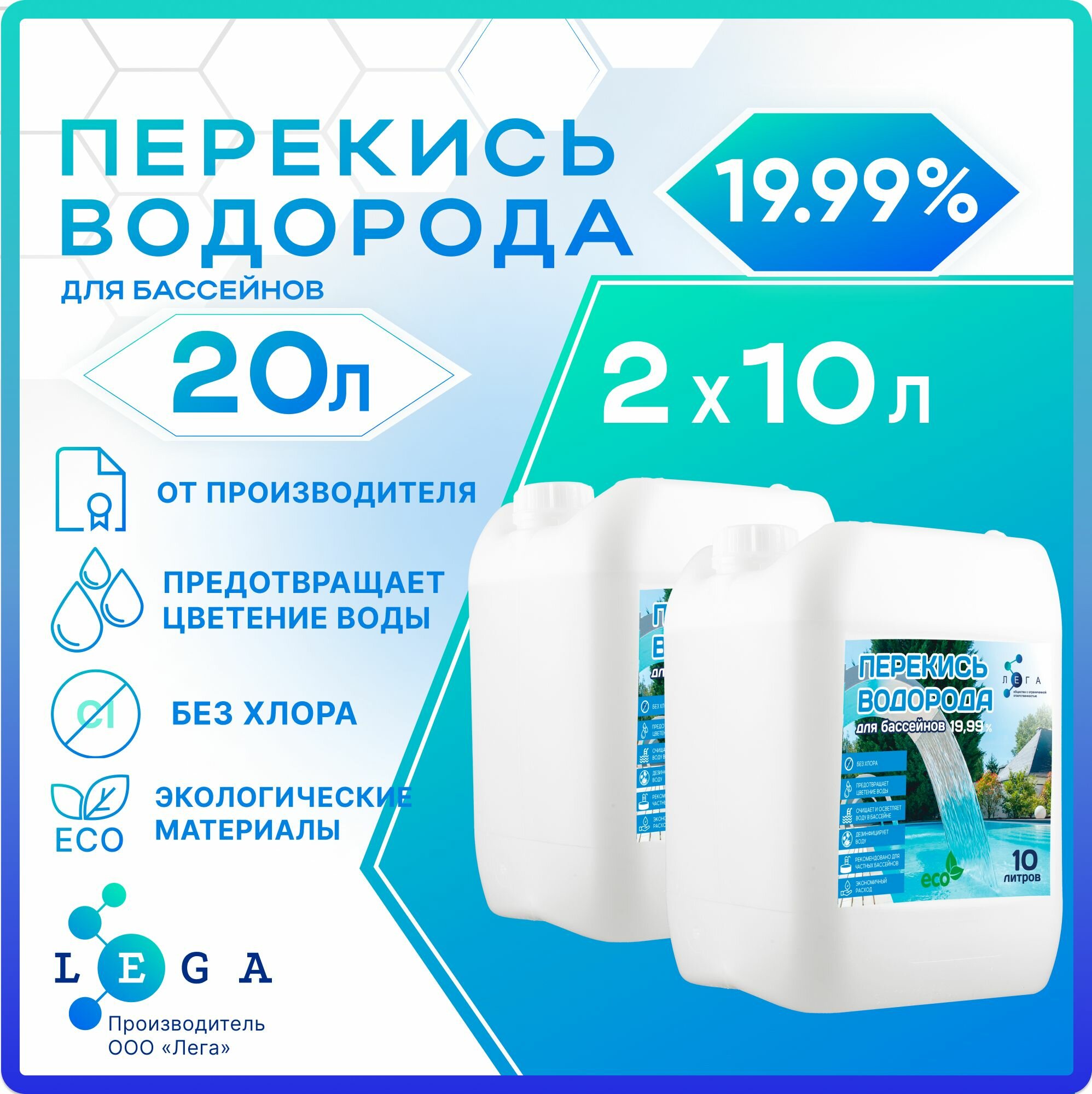 Перекись водорода 20% для бассейна, 20л, (пергидроль)