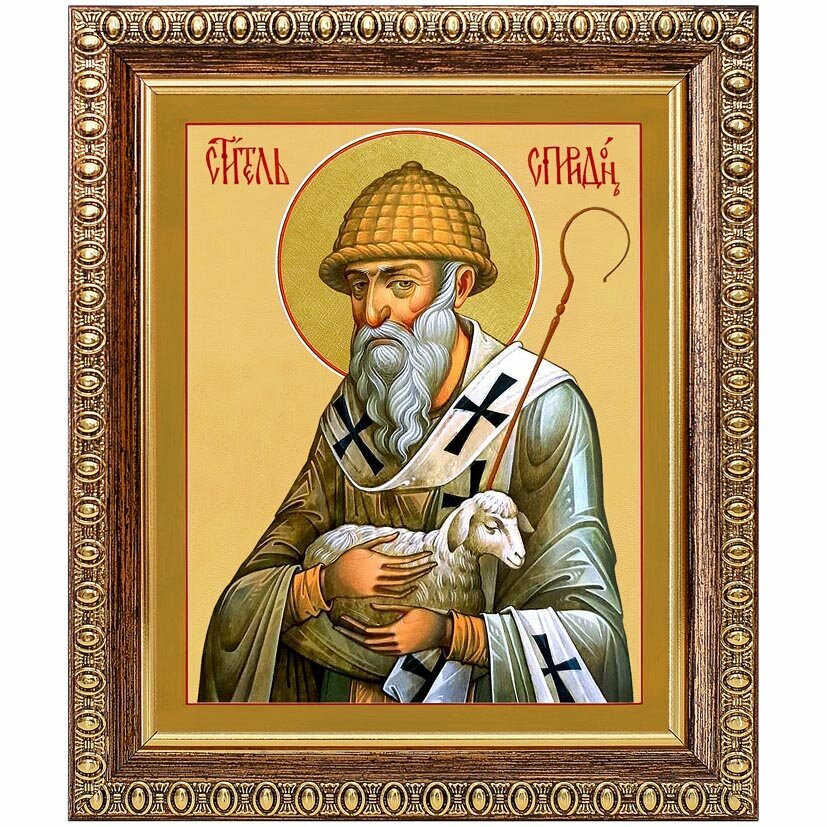 Святитель Спиридон, епископ Тримифунтский, чудотворец (лик № 254), икона в темной пластиковой рамке 12,5*14,5 см