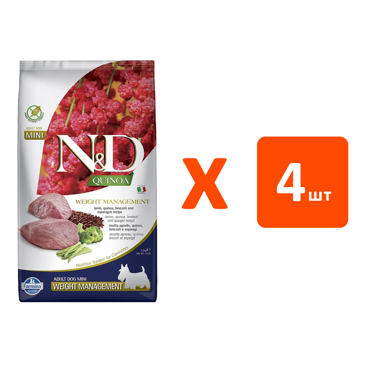 FARMINA DOG N&D GRAIN FREE QUINOA ADULT MINI WEIGHT MANAGEMENT LAMB беззерновой диетический для взрослых собак маленьких пород с ягненком и киноа (2,5 кг х 4 шт)