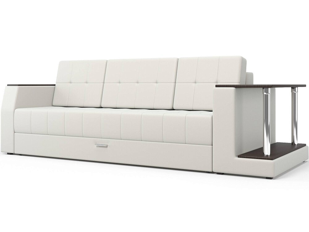 Прямой диван Атлант со столиком Белый Экокожа Правый, еврокнижка, 255х101х85 см, с ящиком для белья