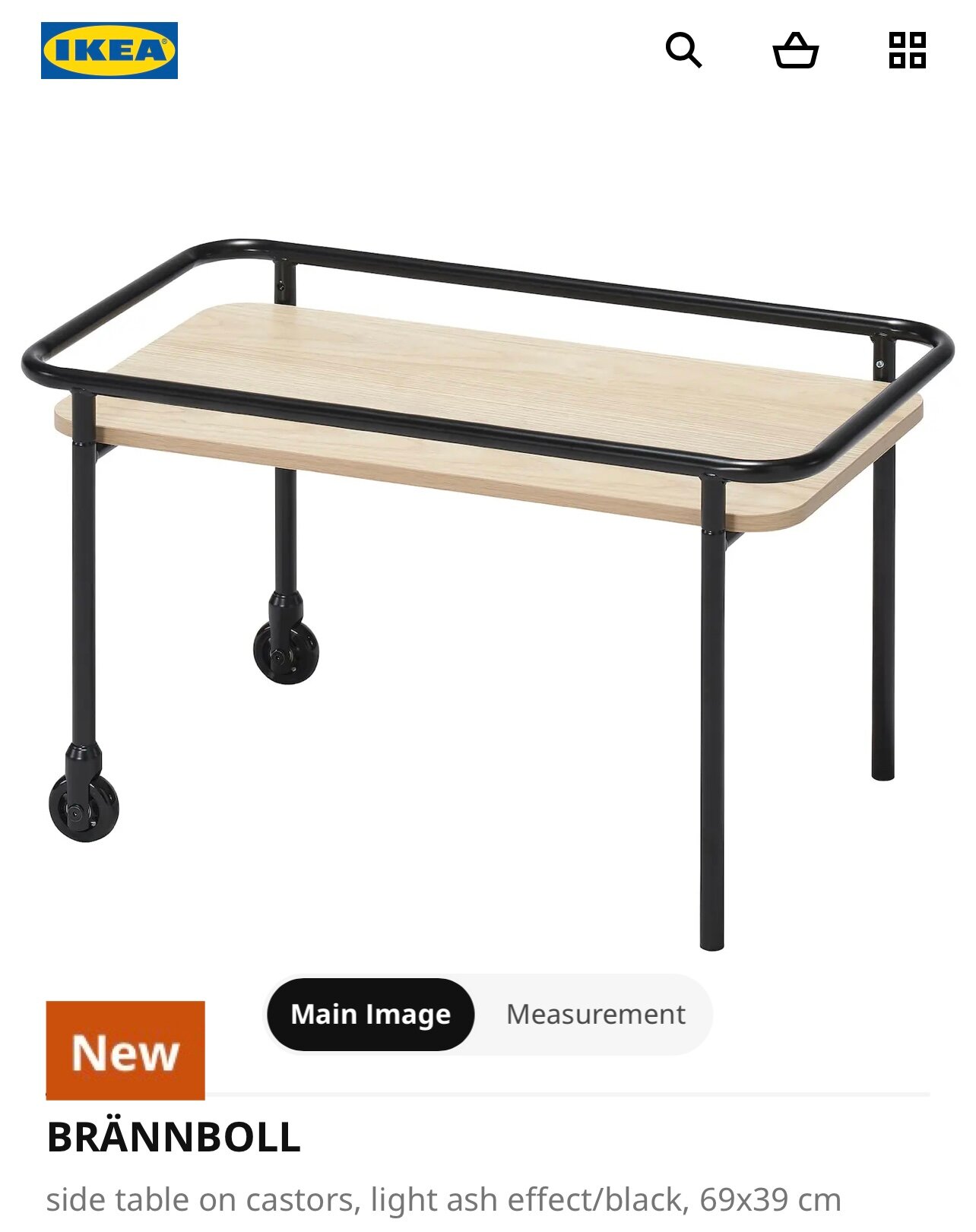 Приставной столик на роликах BRÄNNBOLL , эффект светлого дерева /черный, 69x39 см