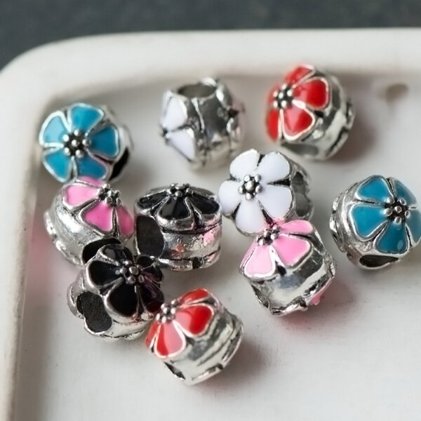 Евробусины 5 шт./ Металлические бусины с большим отверстием, с эмалью, размер 11x10 мм, разные цвета в упаковке