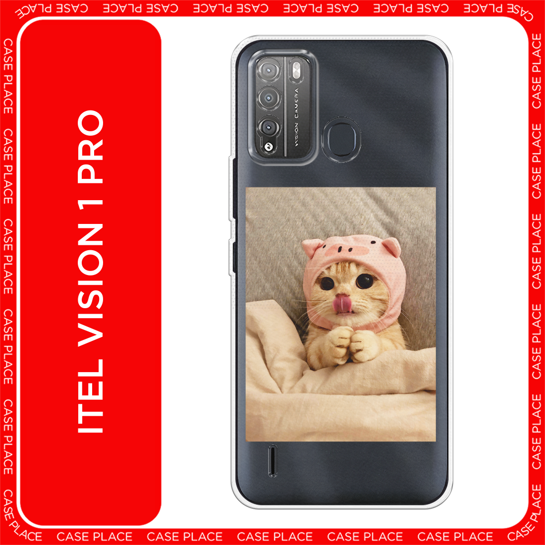 Чехол на Itel Vision 1 Pro / Ител Визион 1 Про с принтом Котик в розовой шапочке, прозрачный