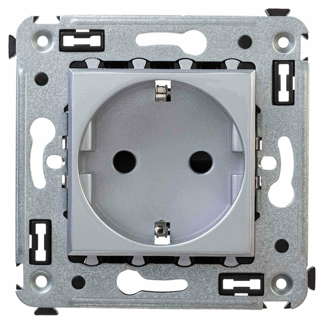 Механизм розетки DKC Avanti 2P+E с заземлением и шторками "Закаленная сталь" 4404003