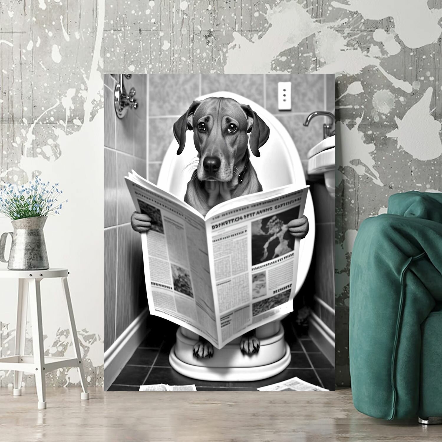 Картина в туалет, ванную комнату Такса читает газету, 40х60 см.