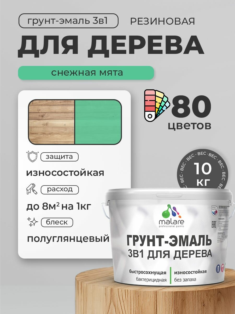 Резиновая Грунт-Эмаль 3 в 1 Malare для деревянных поверхностей/ краска по дереву с антисептическим эффектом/ быстросохнущая моющаяся без запаха полуглянцевая, снежная мята, 10 кг