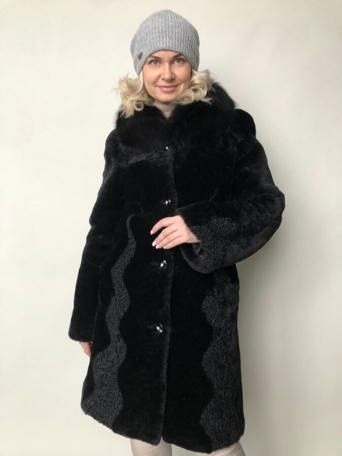 Шуба мутон тм белочка отд.песец и каракуль цв.черный р.42-44 /11955/