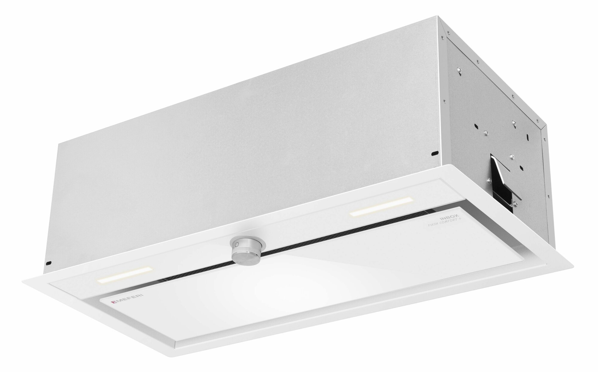 Вытяжка кухонная MEFERI INBOX60WH PUSH COMFORT PLUS на 60 см встраиваемая, белая, производительность 1200м3/ч, 3 скорости, с утапливаемым переключателем, низкий уровень шума, режимы отвод и циркуляция