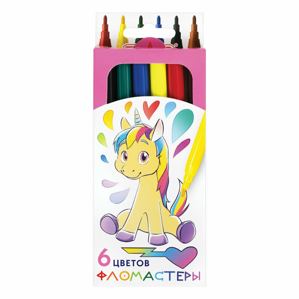 Фломастеры пифагор "единорог", 6 цветов, вентилируемый колпачок, 152447, 152447