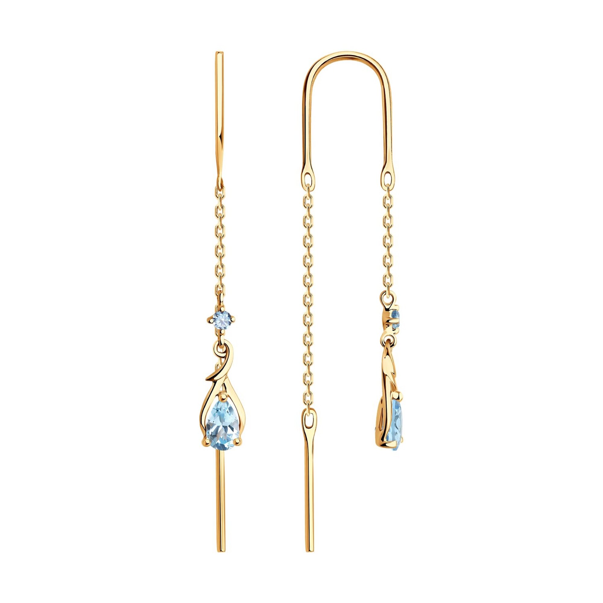 Серьги цепочки, красное золото, 585 проба, топаз, фианит