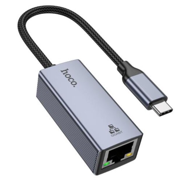 Адаптер для интернета Hoco UA37 Portable Ethernet OTG Adapter, Type-C (M) to RJ45 (F), 1000 Mbps, Кабель12 см, Серый