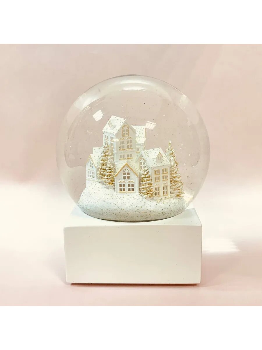 Снежный шар "Белые датские домики" диаметр 10 сантиметров с золотыми блестками