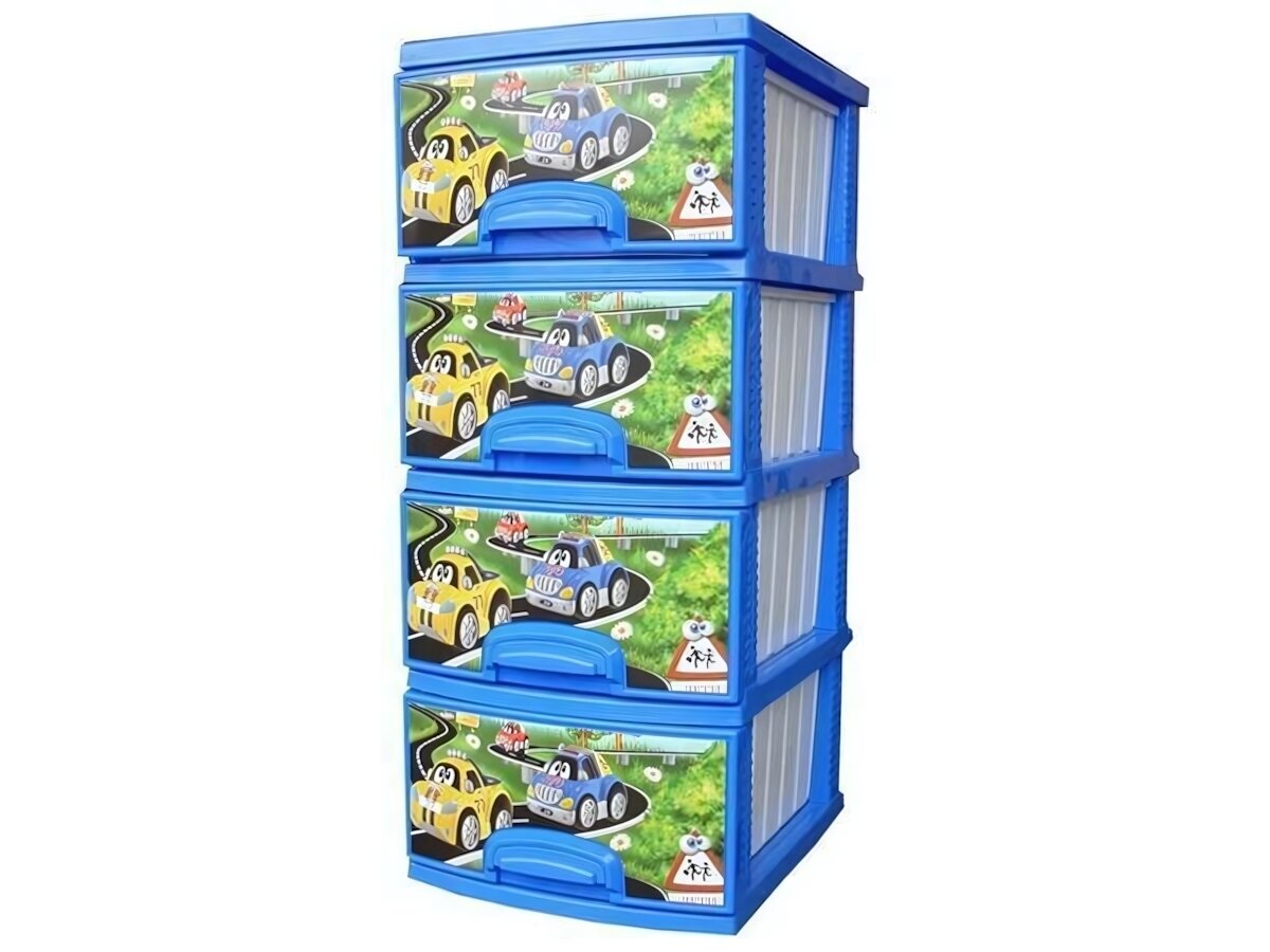 Комод пластиковый 'Машинки' 4 ящика, 38*47см, высота 92см, темно-голубой/белый