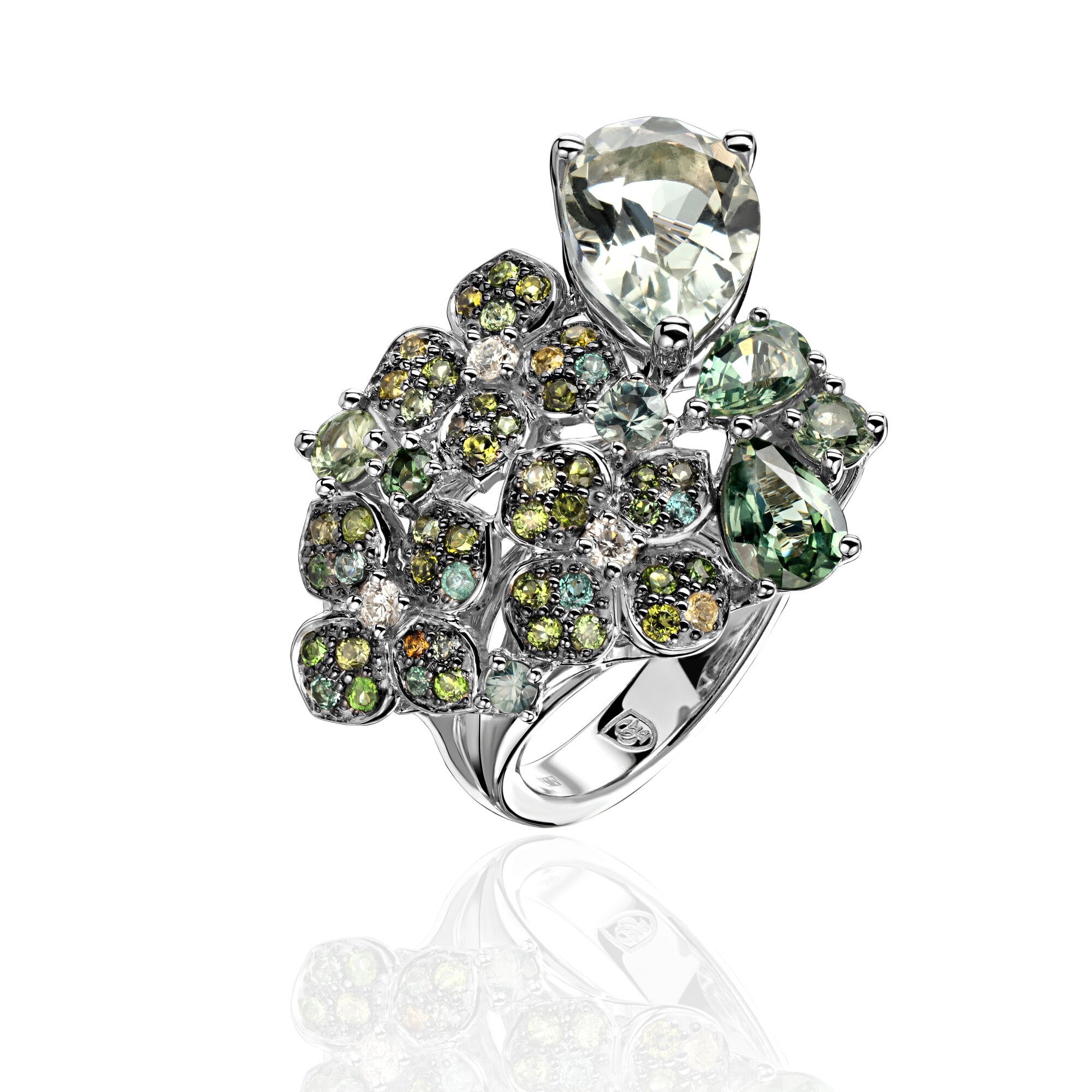 Кольцо, белое золото, 585 проба, сапфир, бриллиант, празиолит