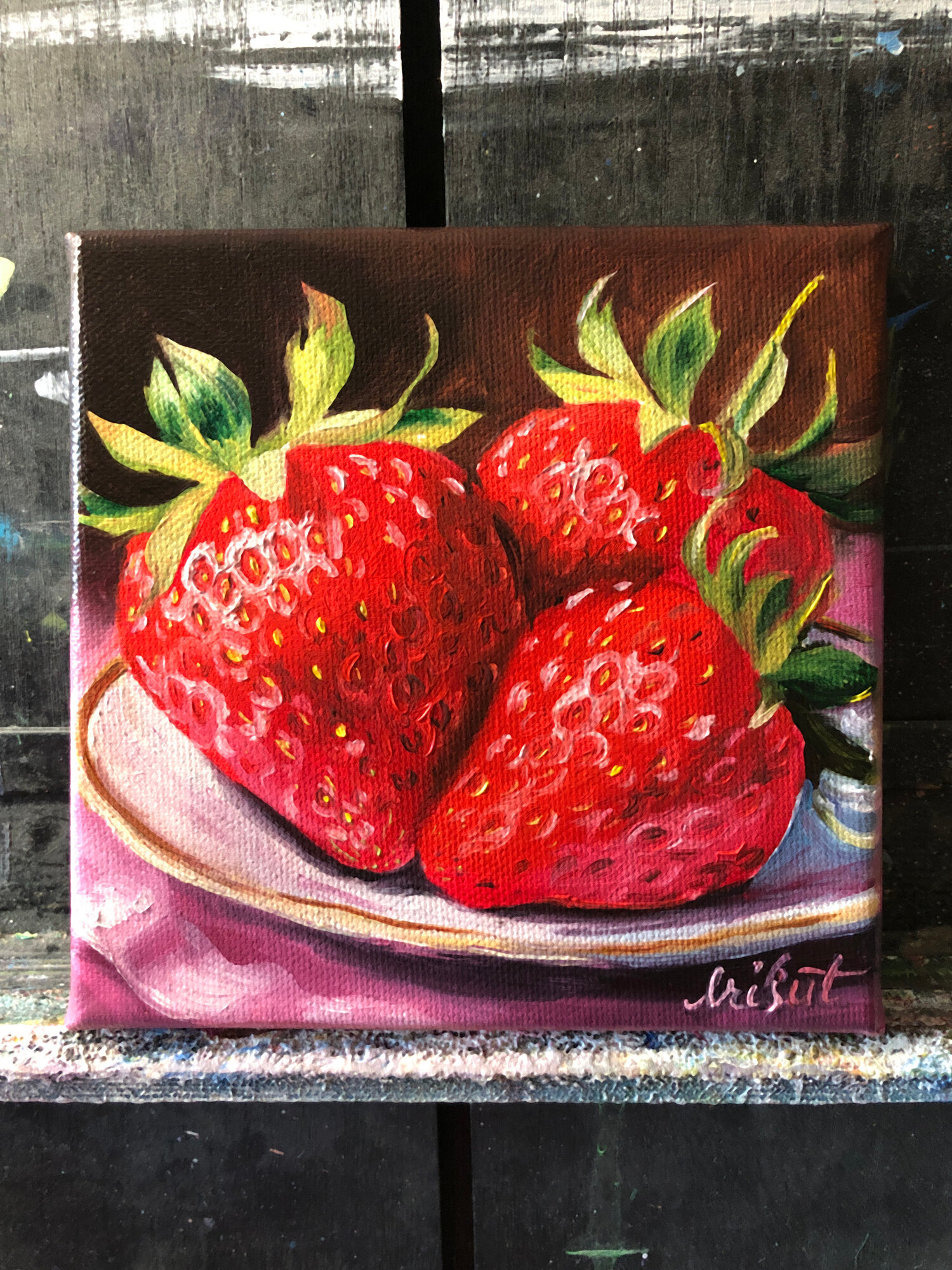 Картина Клубника Маслом на холсте 15х15 см Натюрморт с ягодами