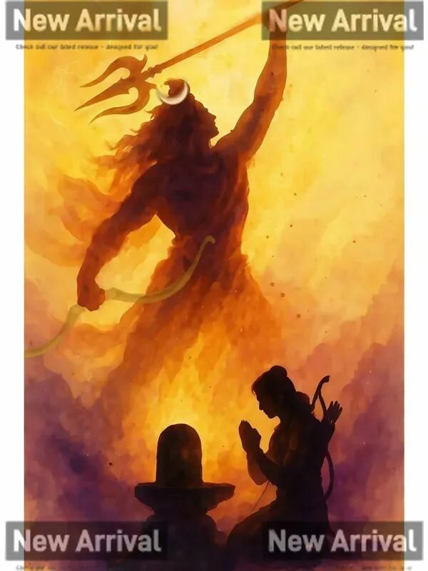 Картина "Холстовая картина с изображением бога Шивы и молящейся фигуры в атмосфере огня и света 40 х 60" 40x60 см