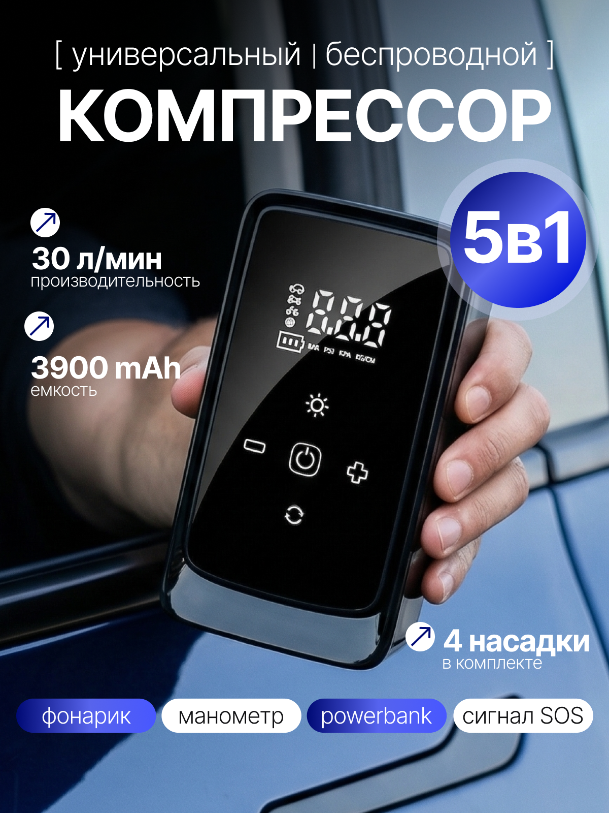 Компрессор автомобильный беспроводной, автоматический насос со встроенным аккумулятором (powerbank)