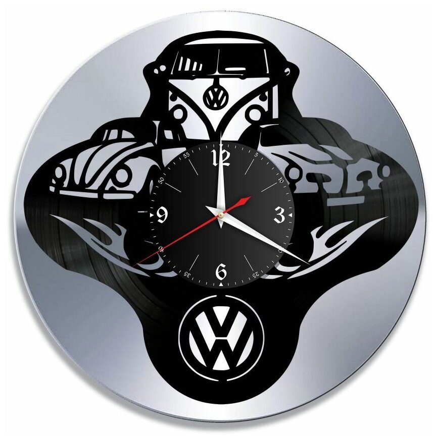 Часы из винила Redlaser "Volkswagen, Фольксваген, логотип, три автомобиля" VW-10919-2