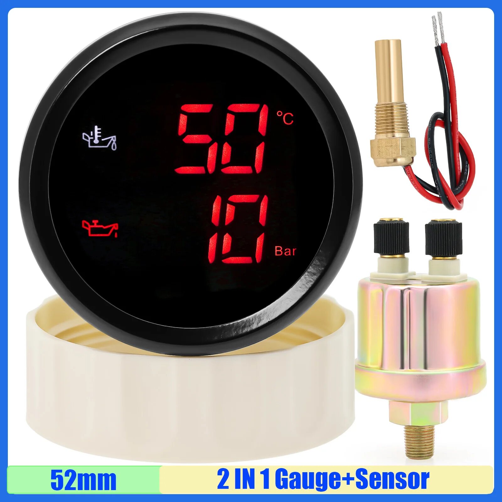 Зеленый, красный светодиодный цифровой датчик температуры масла 2 в 1 + манометр масла, манометр 52 мм с датчиком датчика температуры масла для автомобиля, лодки на заказ Red LED BN