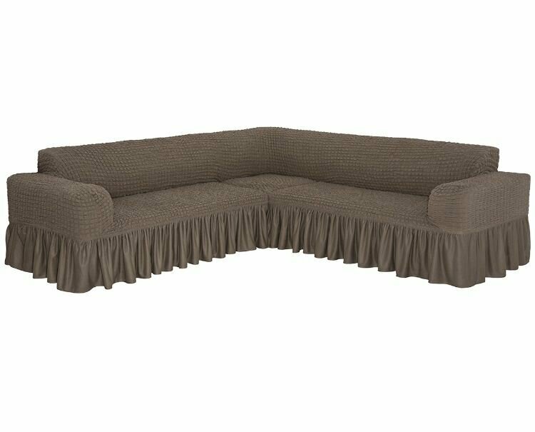 Чехол на угловой диван с оборкой на резинке, универсальный.