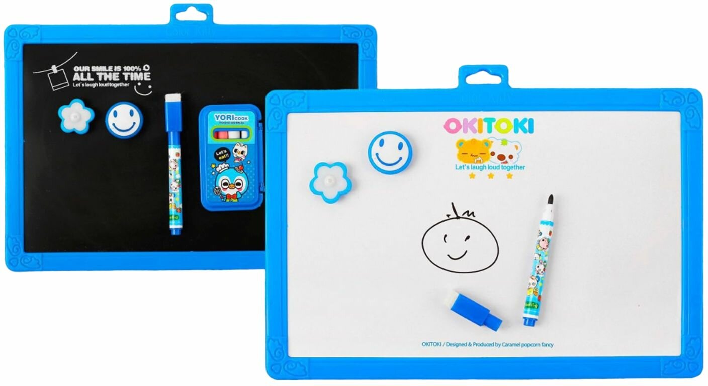 Доска магнитная двухсторонняя со зверьками для детей, абор для детского творчества, планшет для маркера и мела, комплект: магниты 2 штуки, голубая