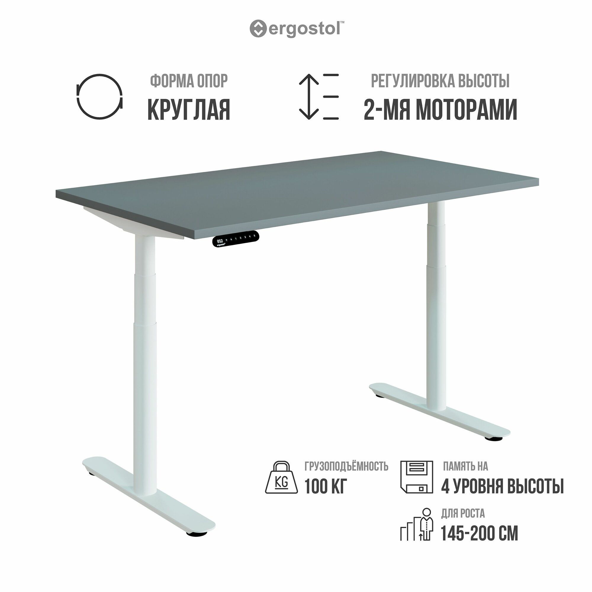 Стол регулируемый по высоте c круглыми ножками Ergostol Terra R 2.0 120х68 см, компьютерный стол с подъемным механизмом, Серый асфальт/белый