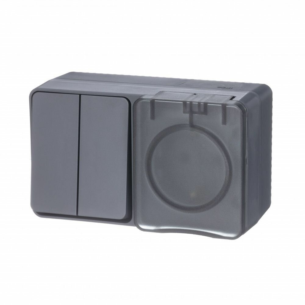 Блок: розетка 2П+3 шторки 16А + 2-к выкл.10А открытой установки AtlasDesign Profi54 IP54 антрацит SE ATN544074