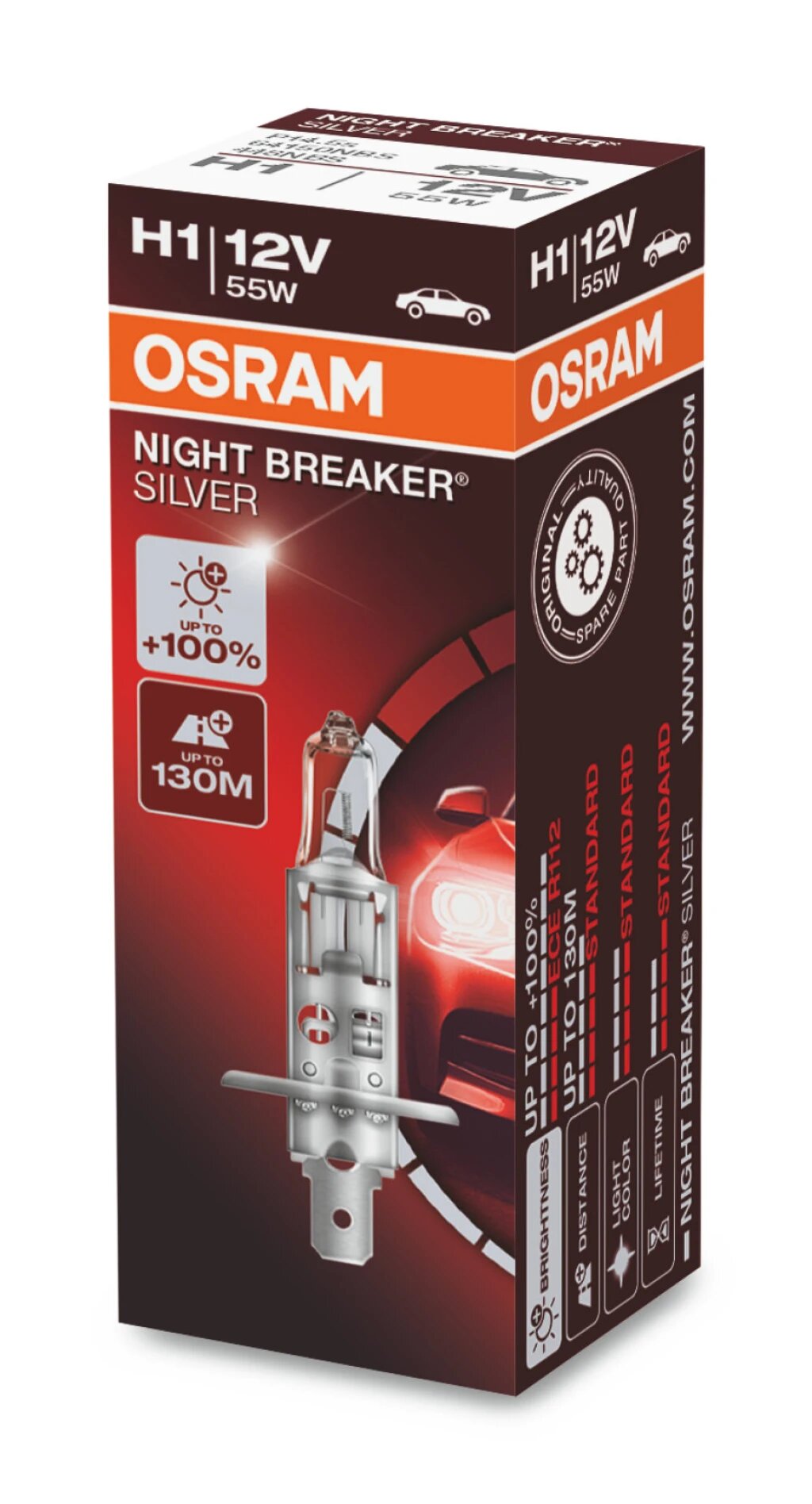 Лампа галогенная OSRAM O-64150NBS Night Breaker Silver H1, 55W P14.5s+100% , 12V, 64150NBS