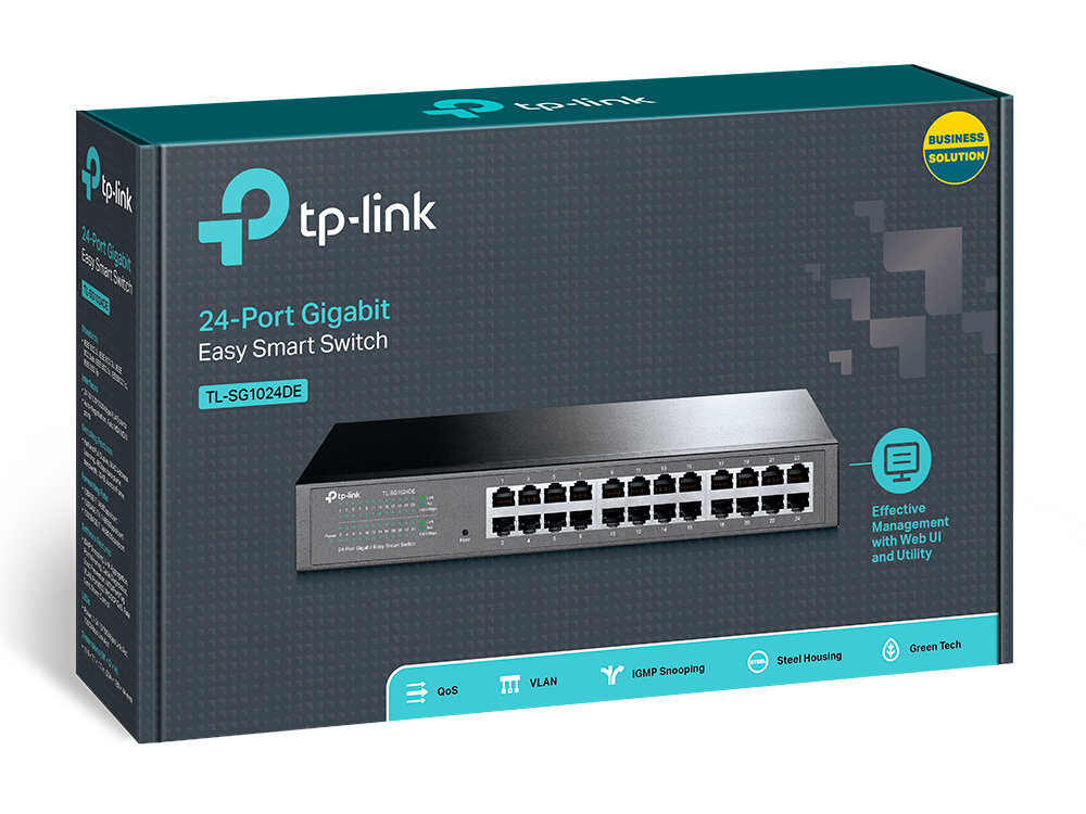 Коммутатор (TL-SG1024DE) Tp-Link TL-SG1024DE 24 порта RJ45 10/100/100 Мбит/с, VLAN на базе MTU/порта/тэга, QoS, IGMP Snooping, 1U 13-дюймовый стальной корпус для монтажа в стойку