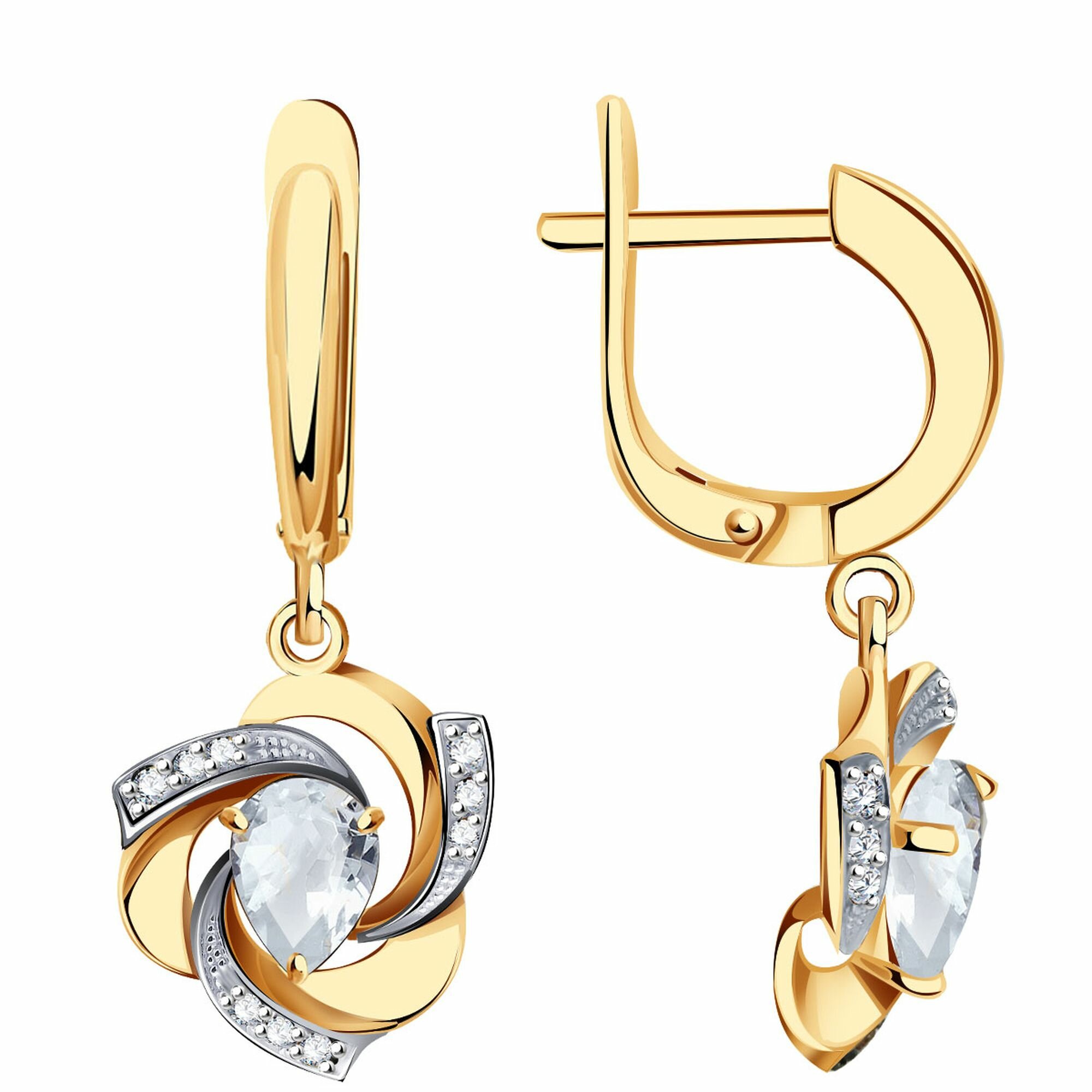 Серьги, красное золото, 585 проба, горный хрусталь, фианит