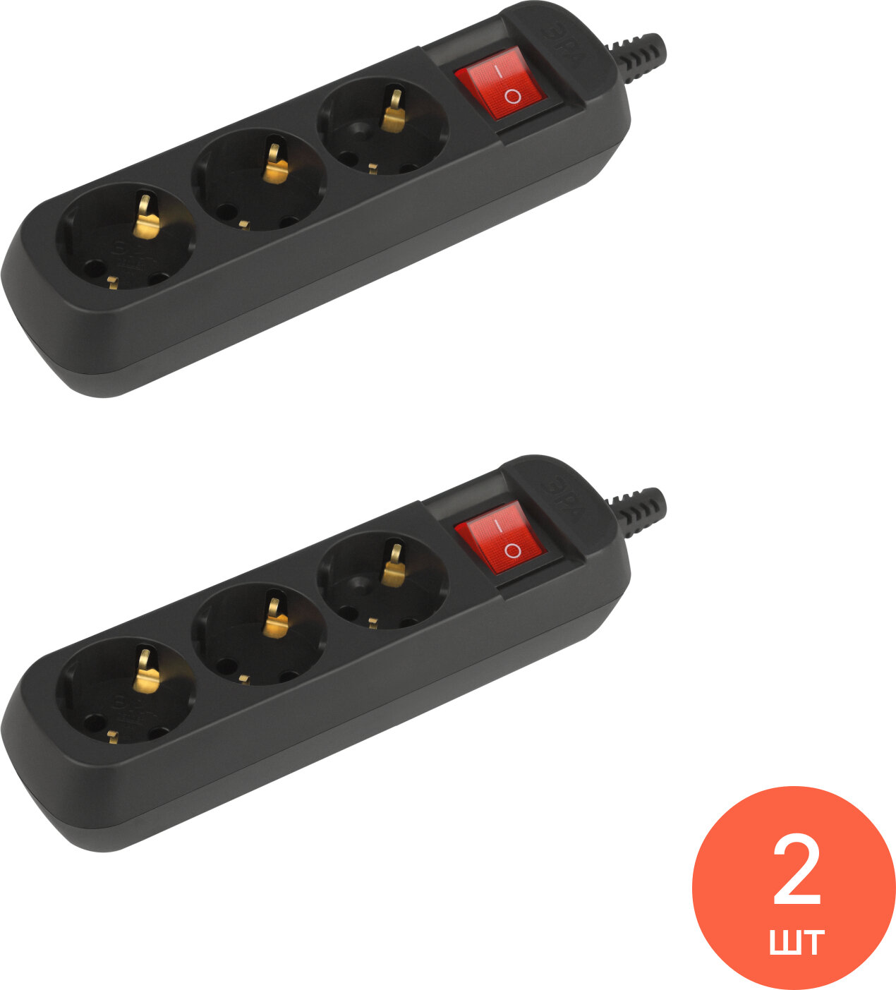 Блок розеток ЭРА KX-3es-B 3 гнезда 16А 3500Вт IP20 с заземляющими контактами и выключателем, черный Б0061723 / колодка электрическая для удлинителя (комплект из 2 шт)