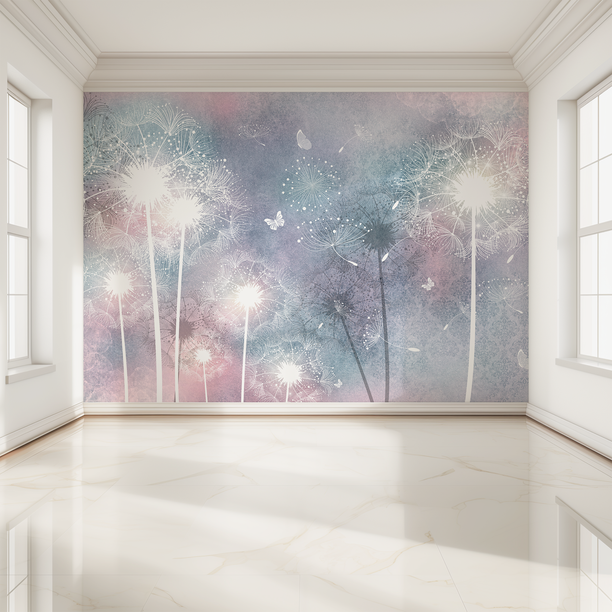 Фотообои 3д на стену "Одуванчики белые", флизелиновые 400х270 см на кухню, спальню, зал