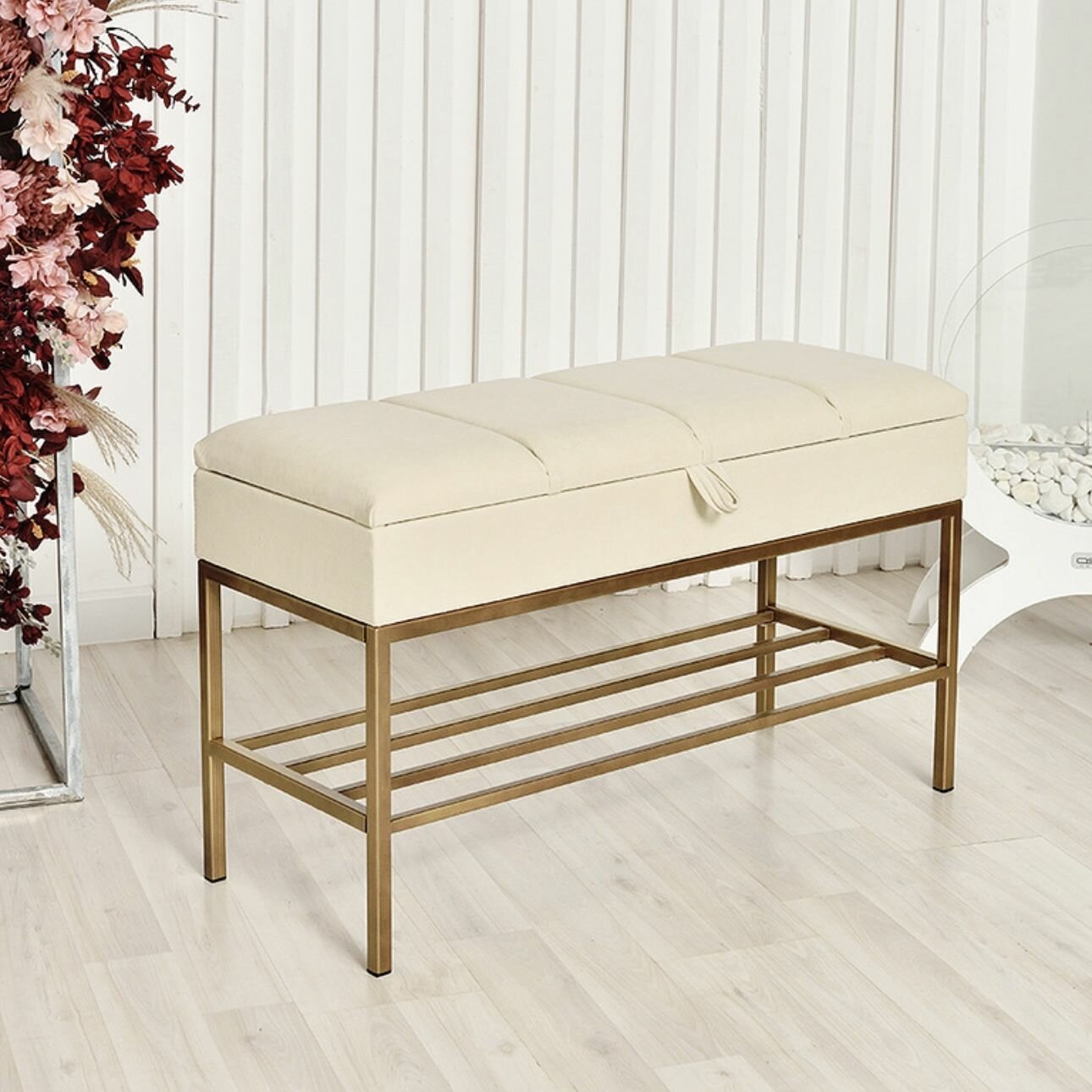 Банкетка в прихожую с мягким сиденьем, ящиком и полками для обуви 90х35х51см