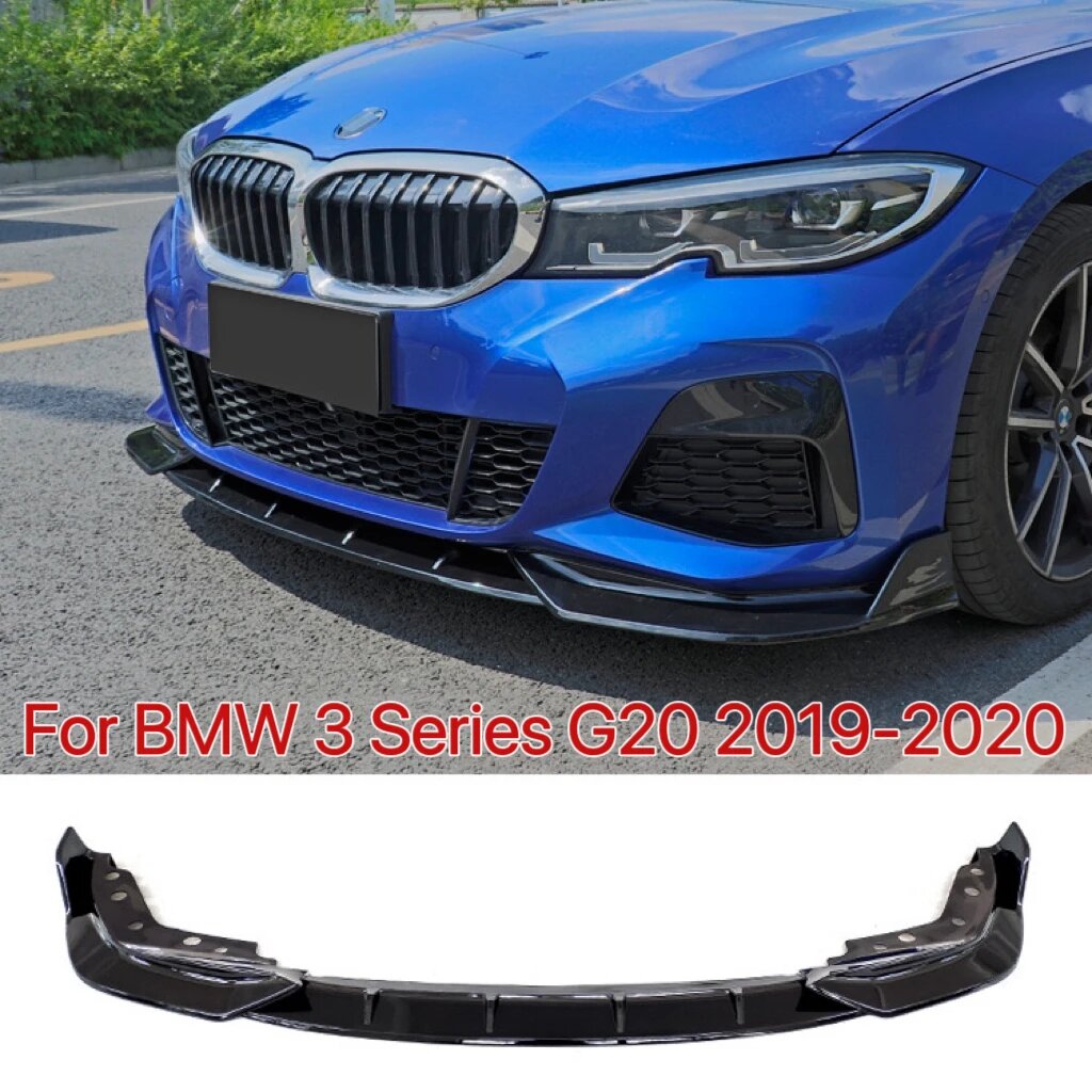 Передний бампер спойлер для BMW 3 серии G20 2019-2020 Glossy Black, 3 шт.