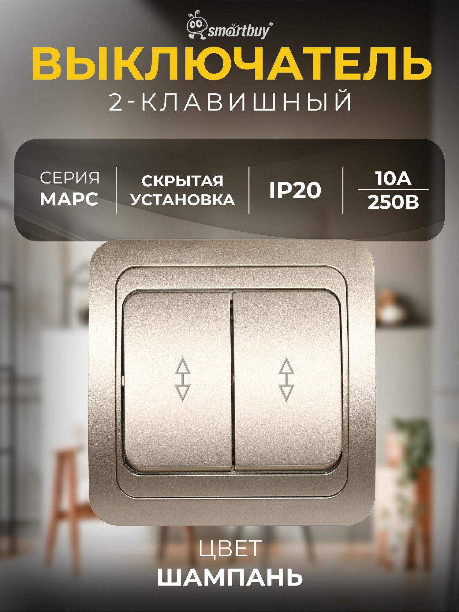 Выключатель Smartbuy проходной 2-клавишный 10А шампань "Марс" (SBE-02c-10-SW22-0)