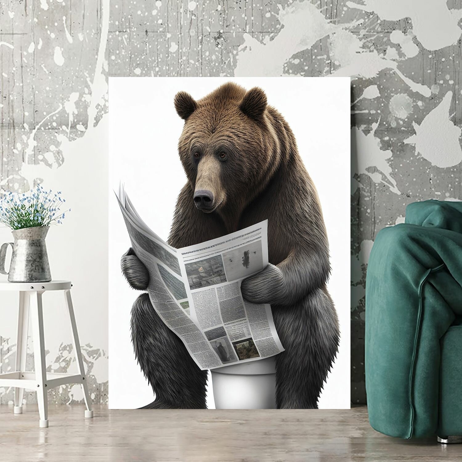 Картина в туалет, ванную комнату Медведь читает газету, 60х80 см.