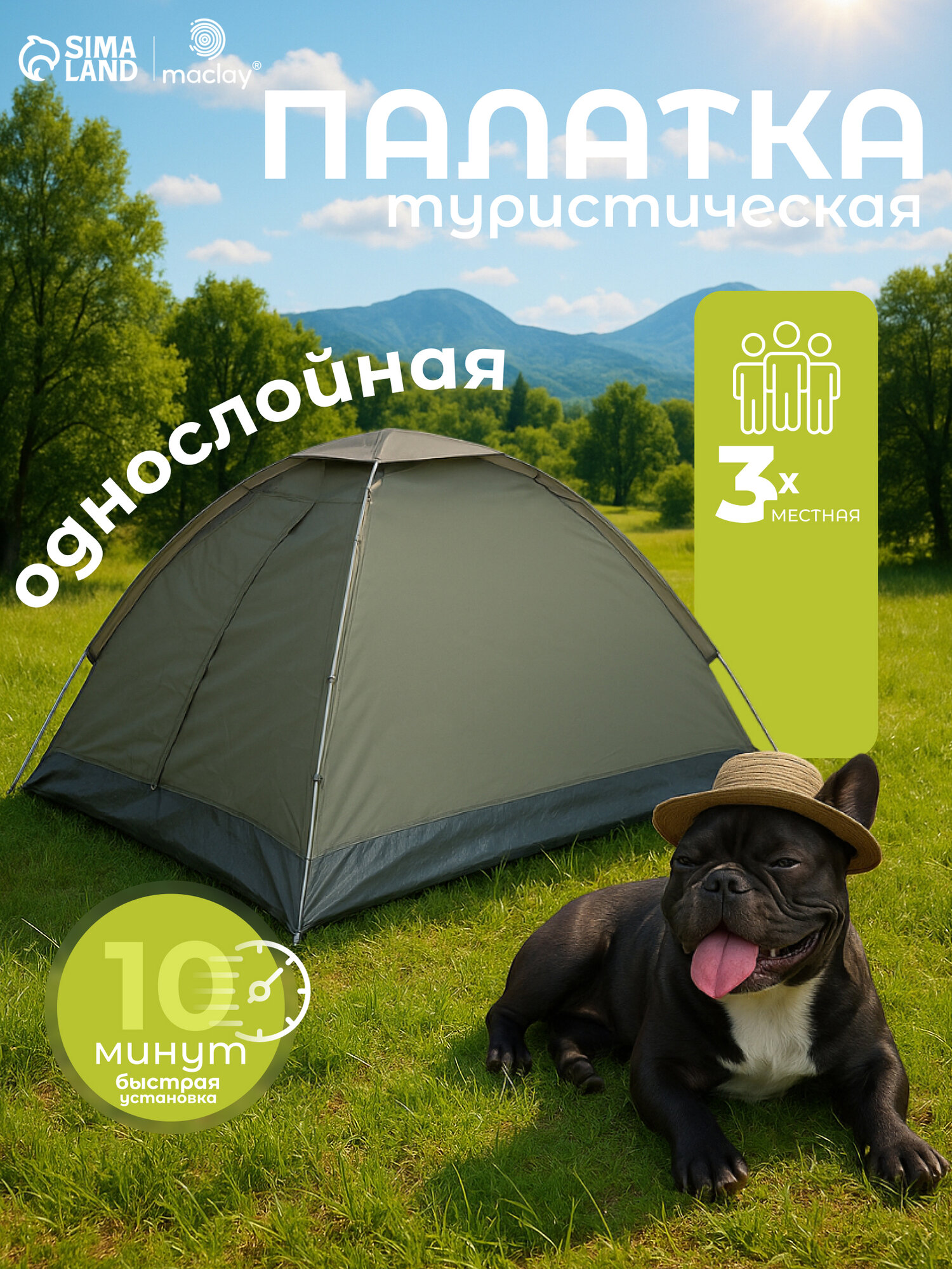 Палатка туристическая треккинговая SANDE 3, размер 205 х 180 х 120 см, 3-местная, однослойная