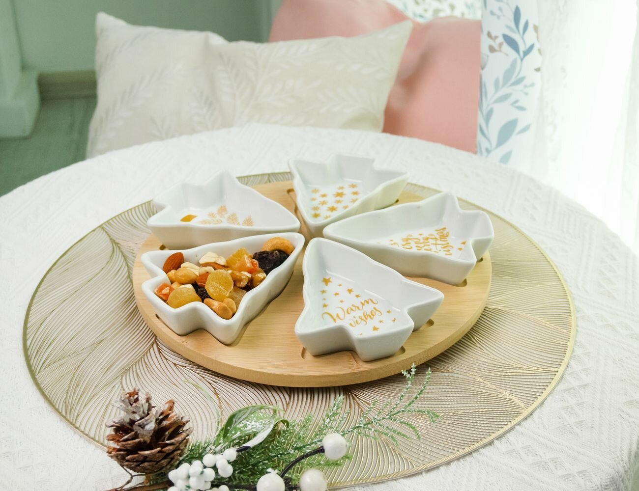 Сервировочное блюдо-менажница жероль, керамика, бамбук, 27х5 см, 6 предметов, Koopman International 278000990