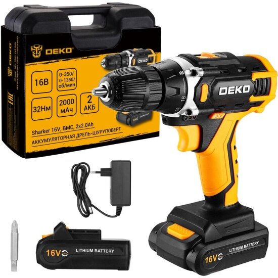 Дрель-шуруповерт аккумуляторная Deko Sharker 16V в кейсе, 2х2.0Ач (083-1108)