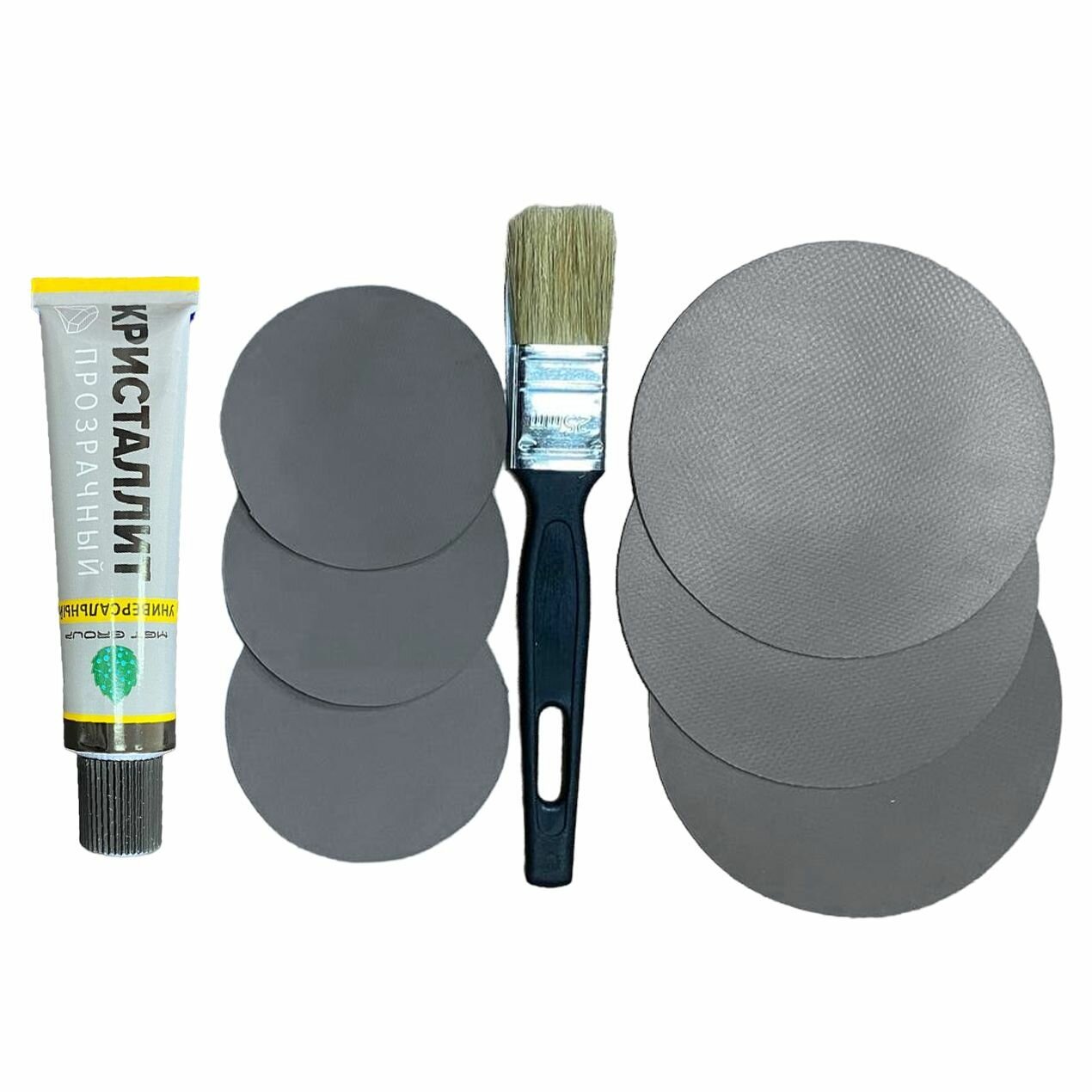 Набор для ремонта лодок ПВХ матрасов и прочих изделий из ПВХ Серый - Клей MGT GROUP - Кисть - Заплатки ПВХ 650 гр/м d8 и d11