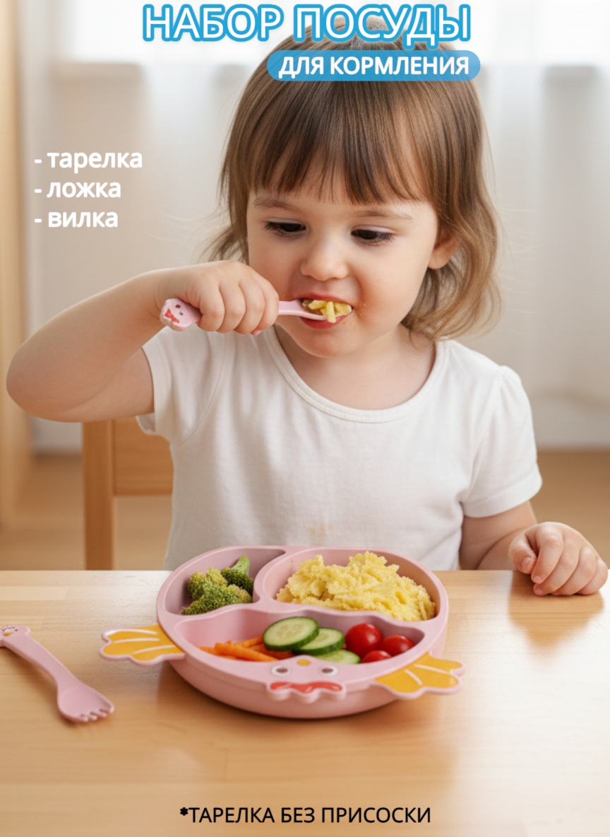 Набор детской посуды для кормления Цыплёнок, 4 предмета: секционная тарелка ложка вилка палочки
