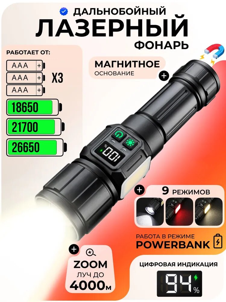 Мультифонарь 2в1 ручной и налобный фонарь с магнитом, с красным светом и белым, поворотный светодиодный COB LED, 13 см, фонарик от usb тактический ручной аккумуляторный, металлический корпус, черный